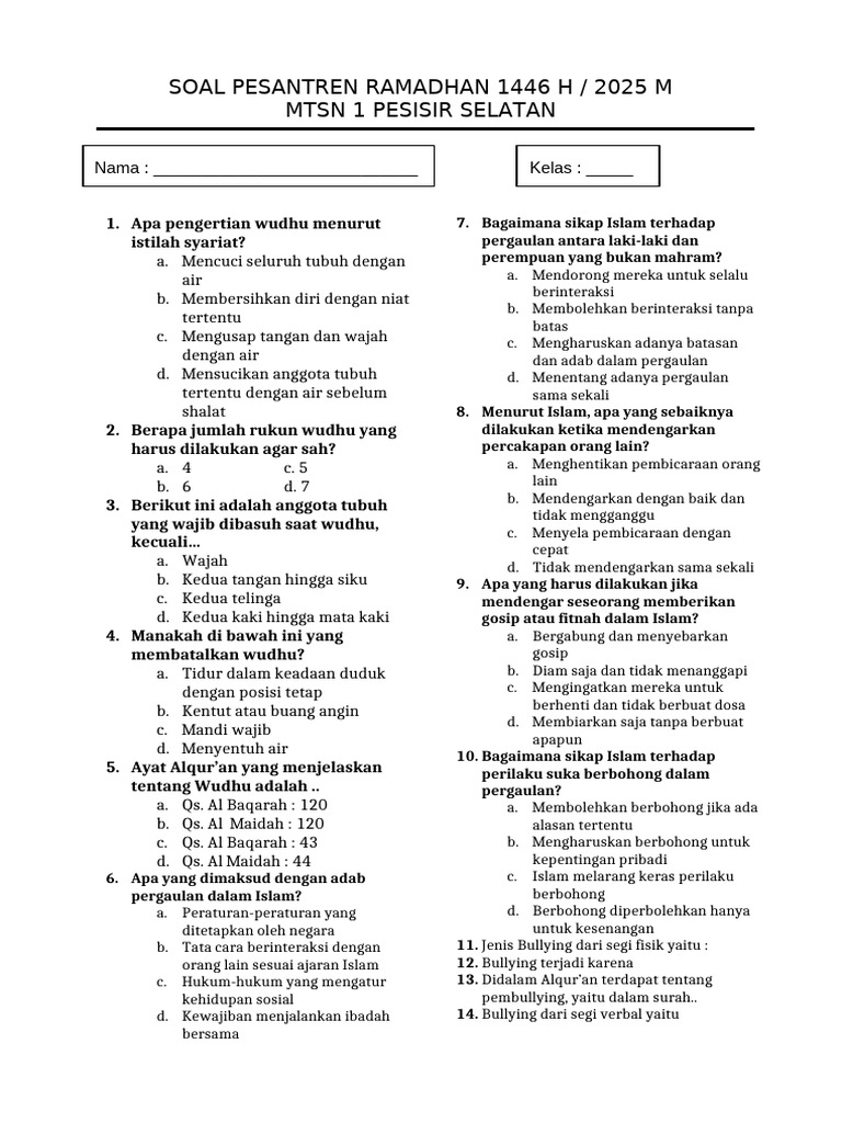 Soal Pesantren Ramadhan 1446 H | PDF