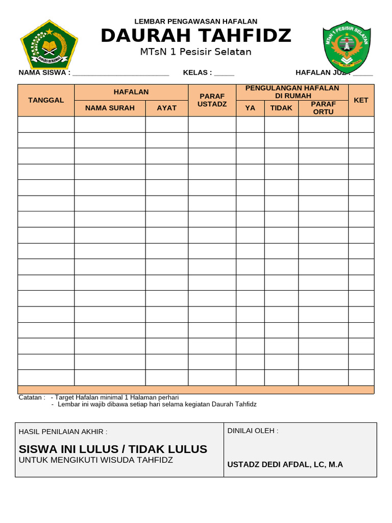 LEMBAR PENGAWASAN HAFALAN | PDF