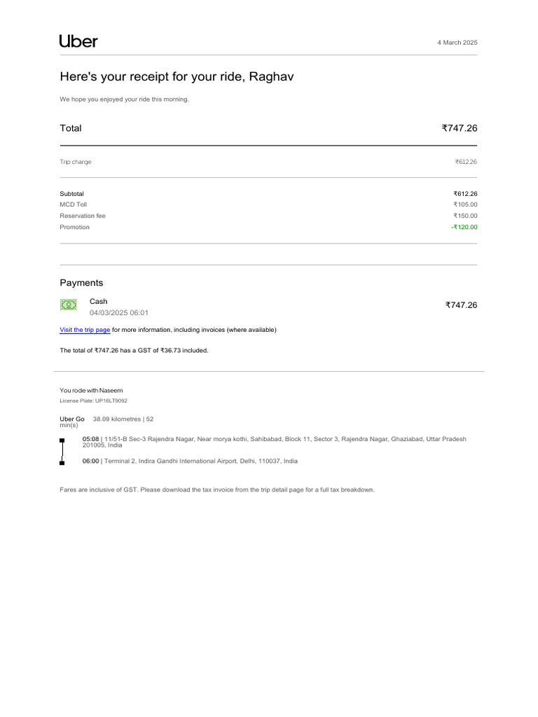 Uber Ride Receipt - ₹747.26 Total | PDF