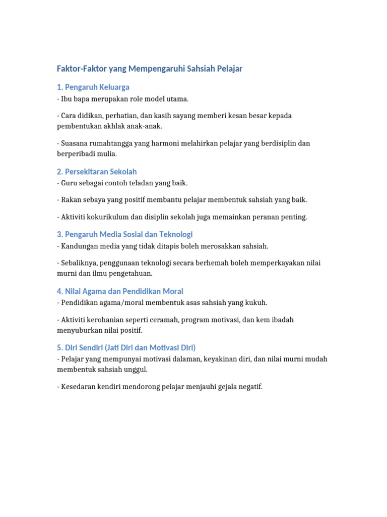 Faktor Mempengaruhi Sahsiah Pelajar | PDF