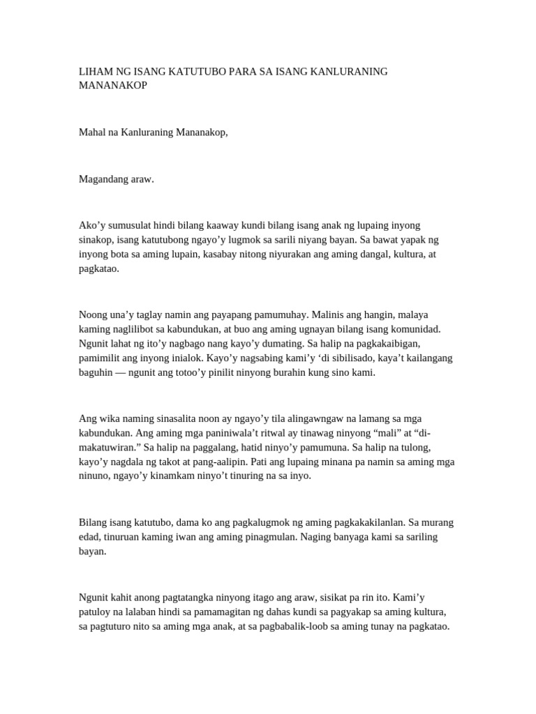 Liham NG Isang Katutubo | PDF