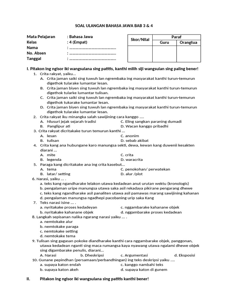 Soal BHS Jawa Bab 3 & 4 | PDF