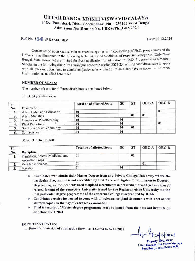 Notification For PH.D UBKV 2024 - After 1st Counselling 2024 25 20.12. ...