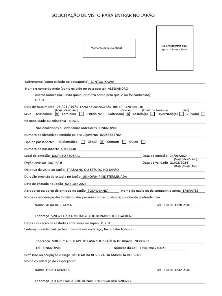 20240904-Formulario de Sol Visto-JAP- Santos Ikawa Alessandro | PDF | Visto para viagem | Passaporte