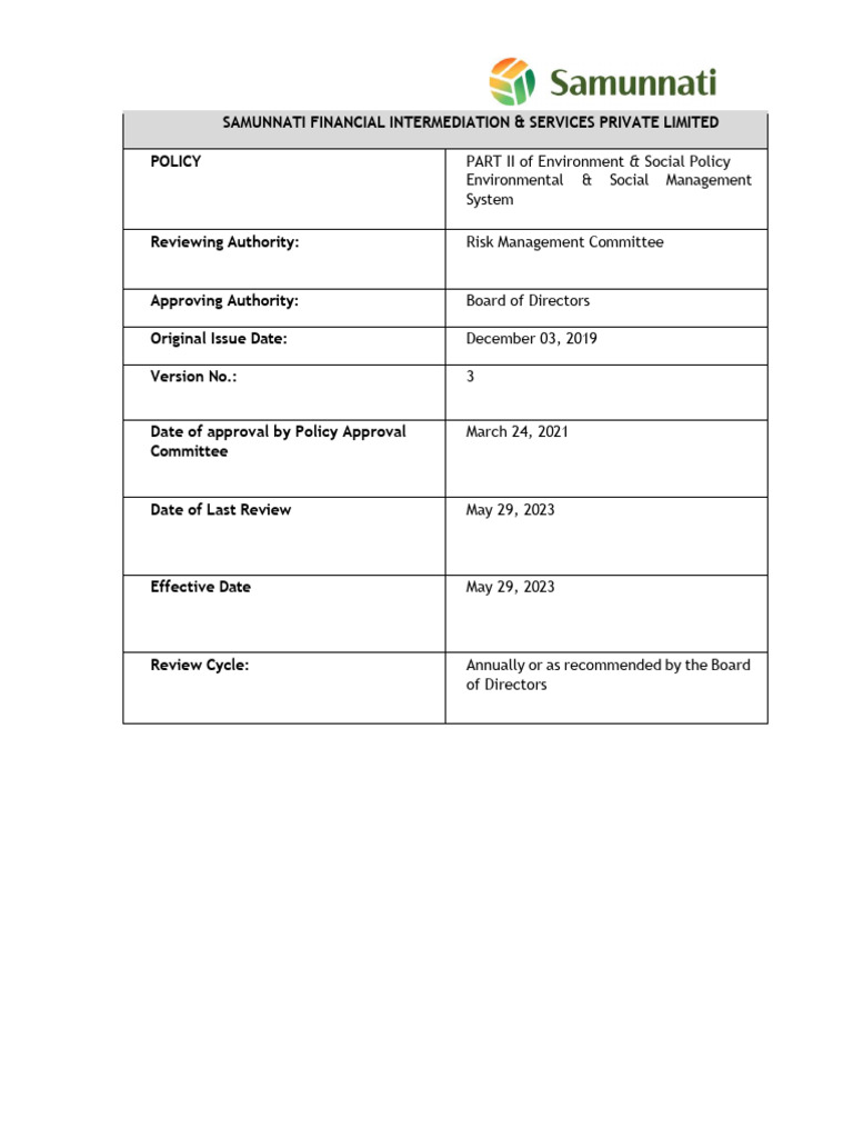 Part II of ES Policy ESMS Framework | PDF | International Labour ...