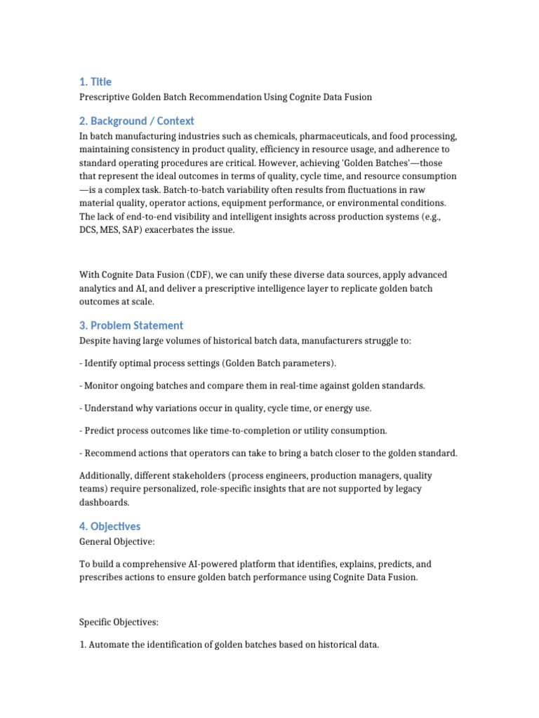 Prescriptive Golden Batch Concept Note Detailed | PDF | Artificial ...