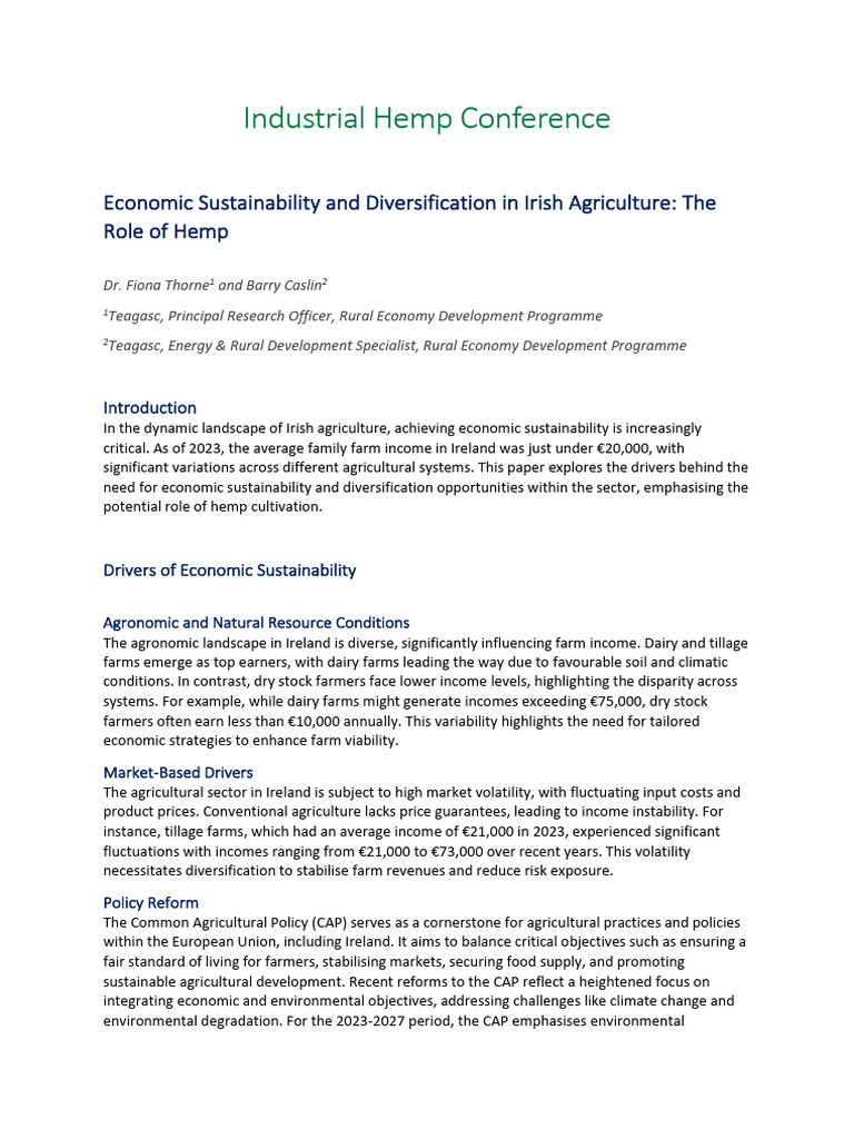Economic Sustainability and Diversification in Irish Agriculture - The Role of Hemp | PDF ...