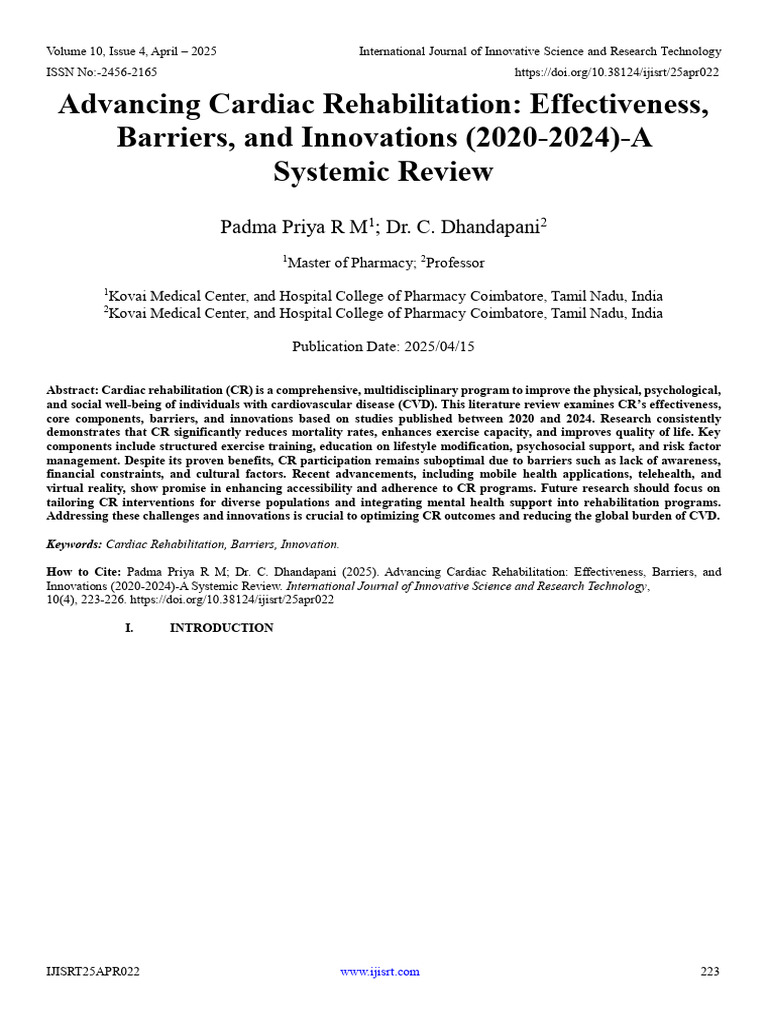 Advancing Cardiac Rehabilitation: Effectiveness, Barriers, and Innovations (2020-2024)-A ...