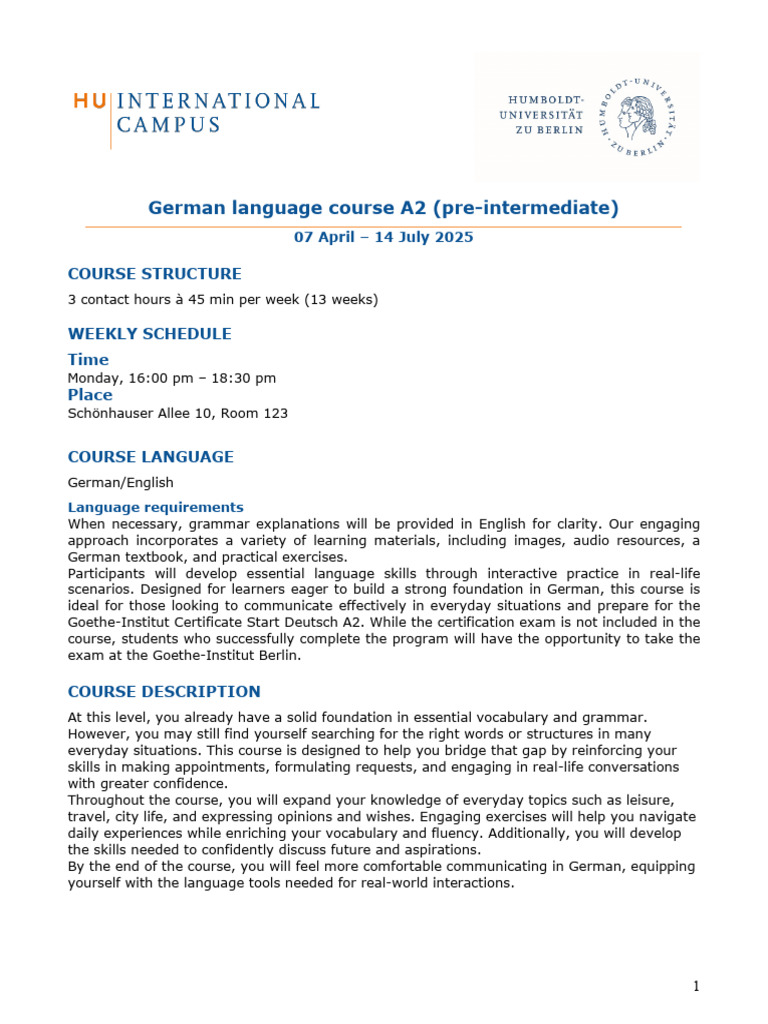 German A2 Language Course Details | PDF | Learning | Human Communication