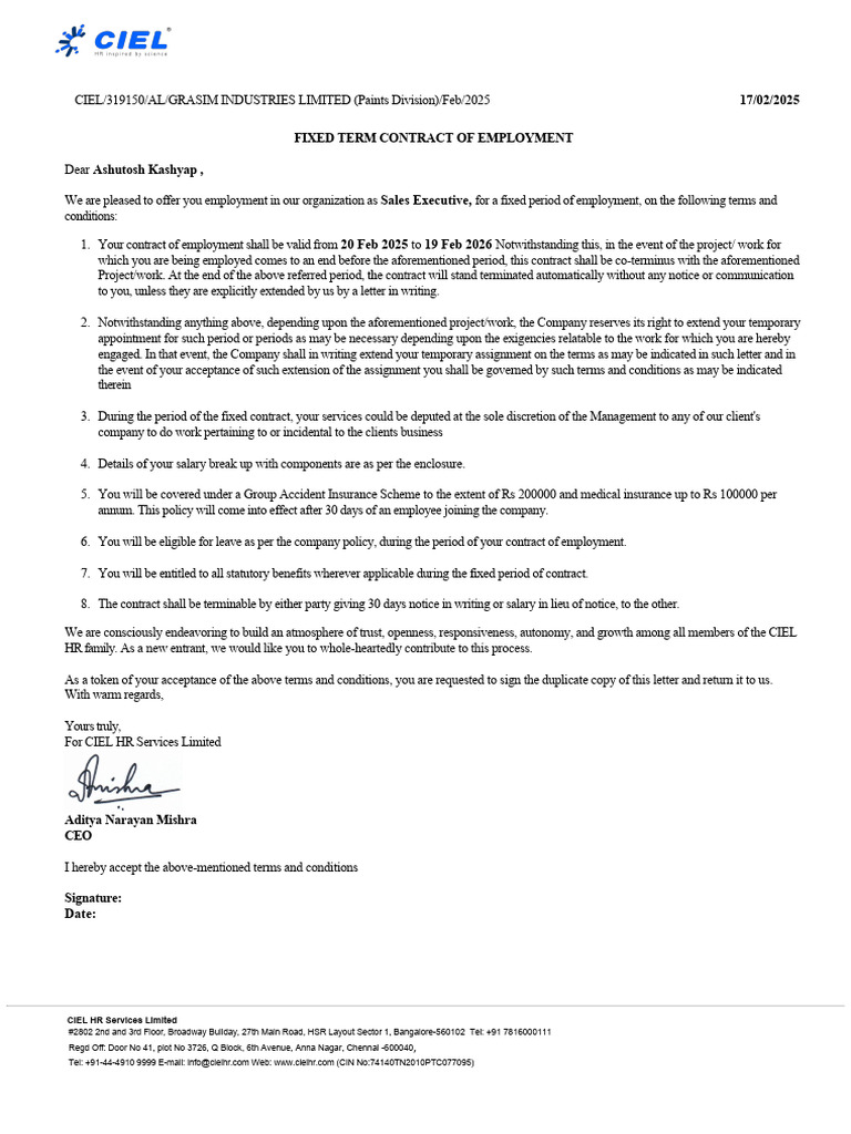 Ashutosh Kashyap - Offer Letter | PDF | Employment | Business Law