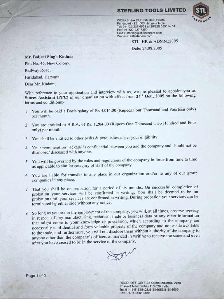 Sterling Tols Offer Letter | PDF