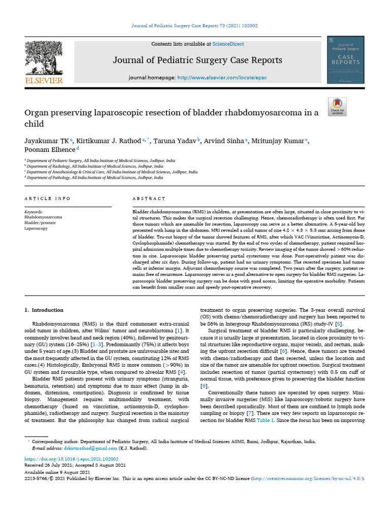 CR Organ Preserving Laparoscopic Resection of Bladder Rhabdomyosarcoma PSCR | PDF | Medicine ...