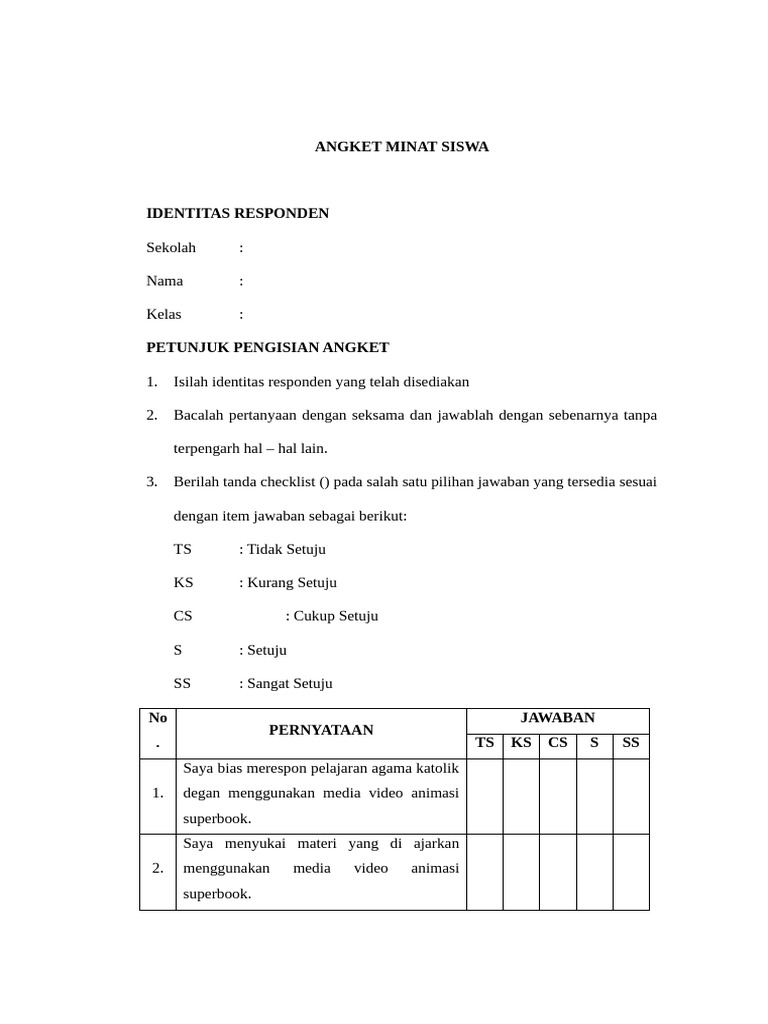 Angket Minat & Kisi - Kisi Instrumen | PDF