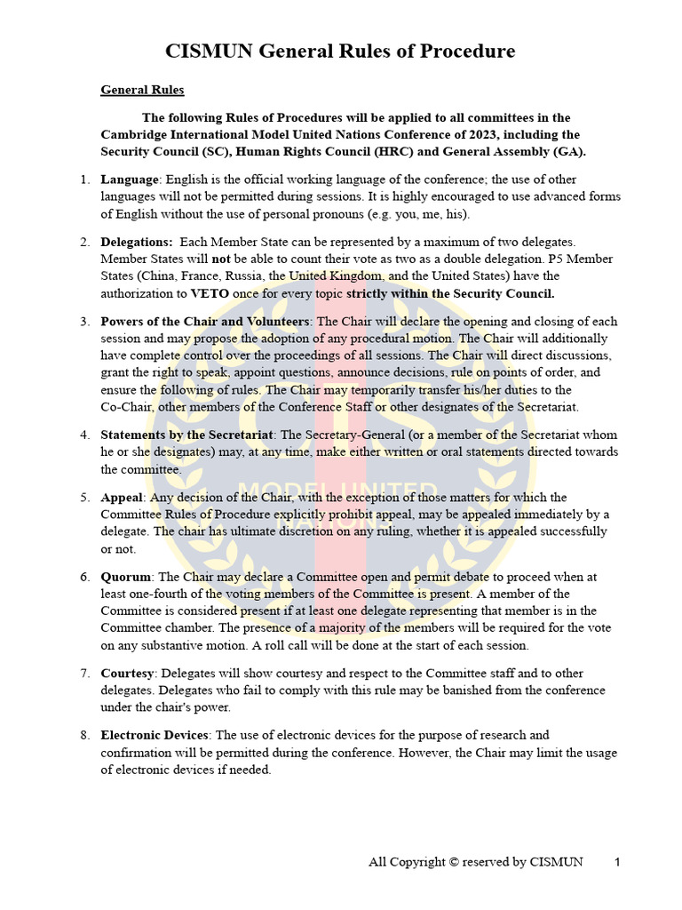 CISMUN'24 Rules of Procedure | PDF | Committee | United States House Of ...