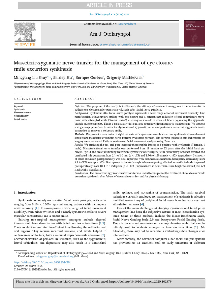 Masseteric-Zygomatic Nerve Transfer for Synkinesis | PDF | Nervous ...