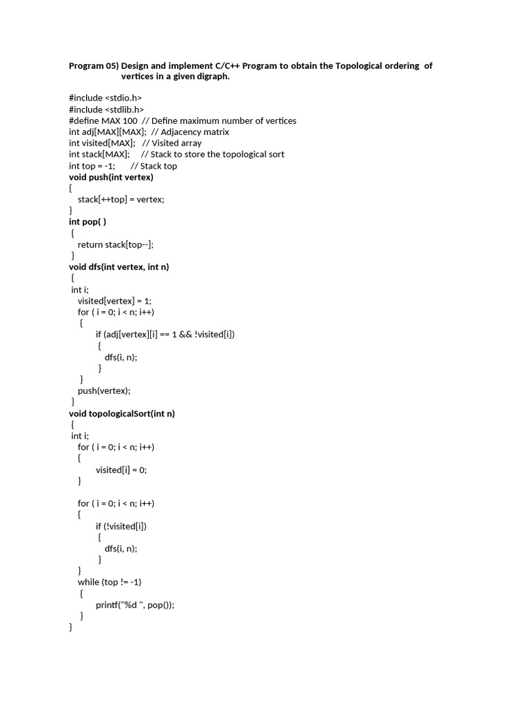 C/C++ Topological Sort Implementation | PDF