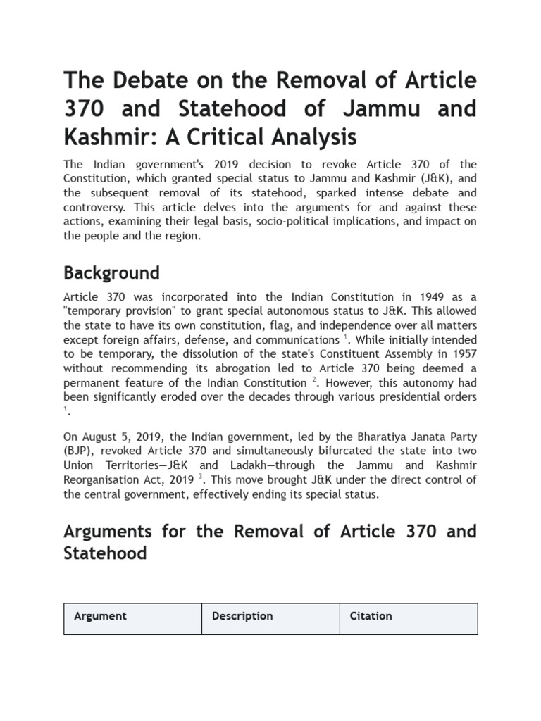 Article 370 and Kashmir's Status | PDF | Government
