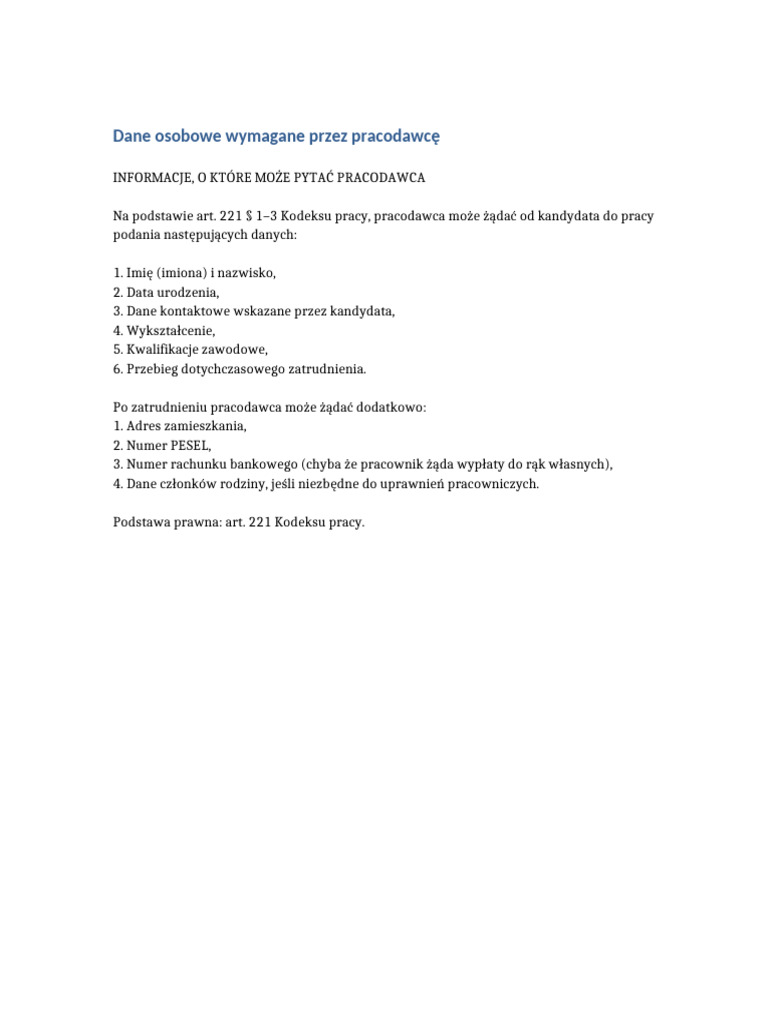 Dane Osobowe Pracownika | PDF