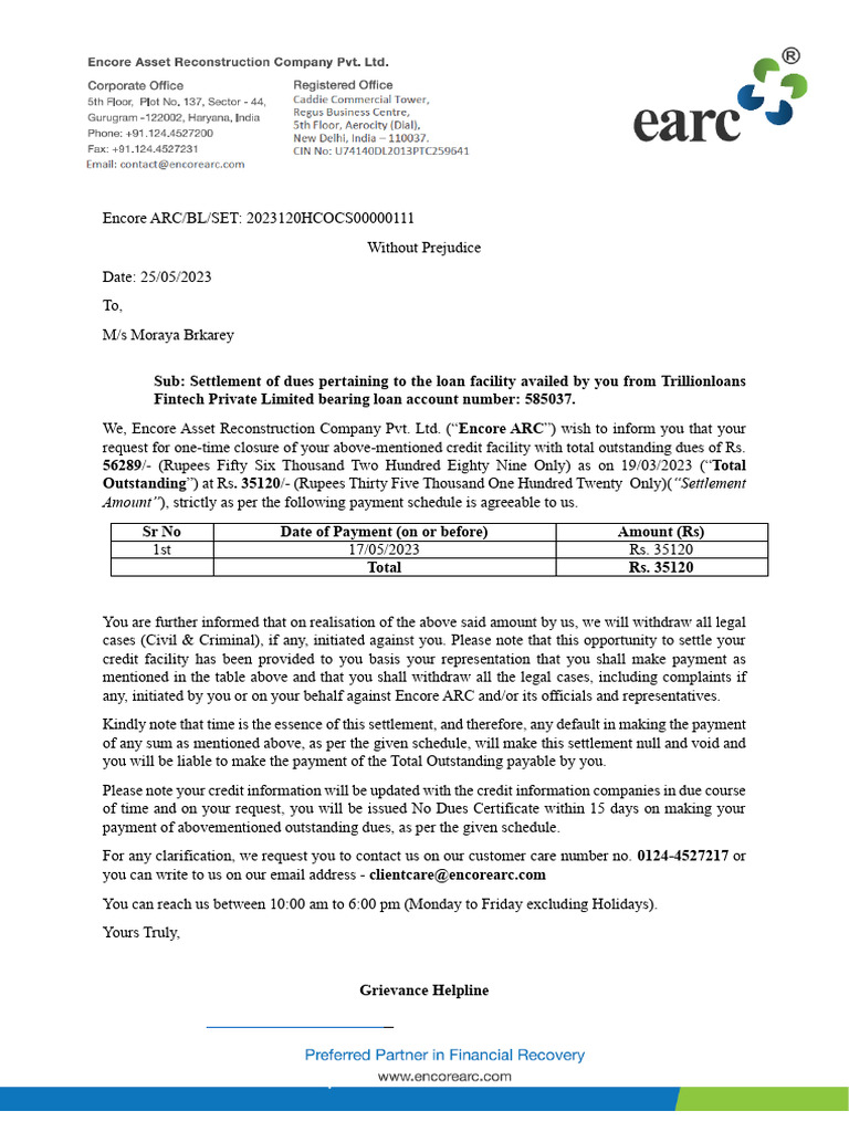 Loan Settlement Offer from Encore ARC | PDF | Credit | Finance & Money ...