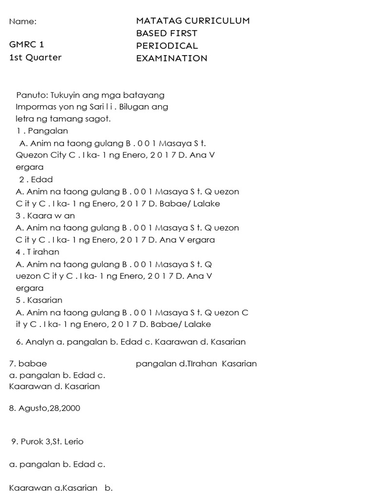 Q1 G1 Periodical Exam-GMRC | PDF