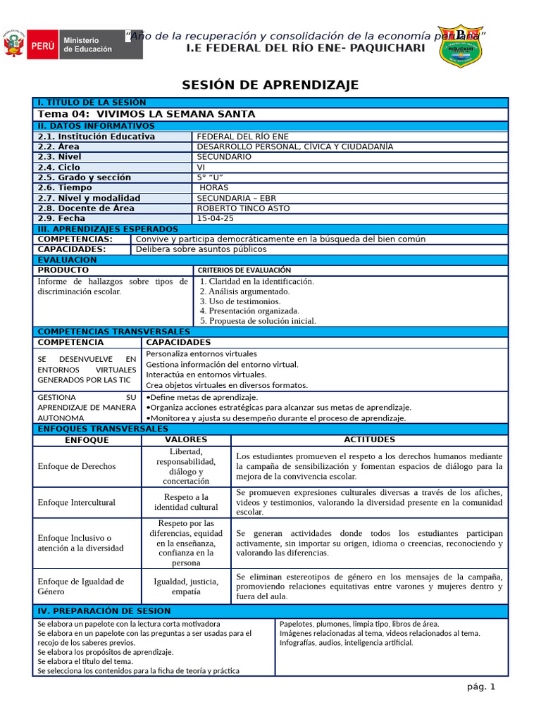 4° Sec. Sesion Actv 01. DPCC 2025 Semana Santa | PDF | Discriminación | Pensamiento