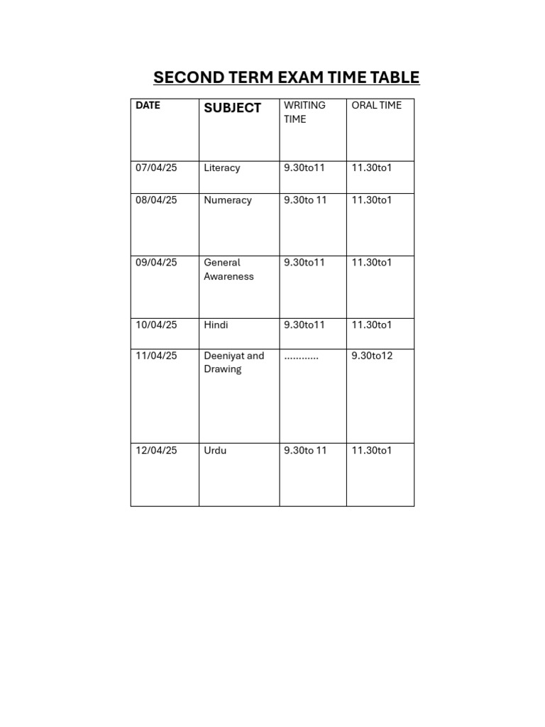 Second Term Exam Time Table: Subject | PDF