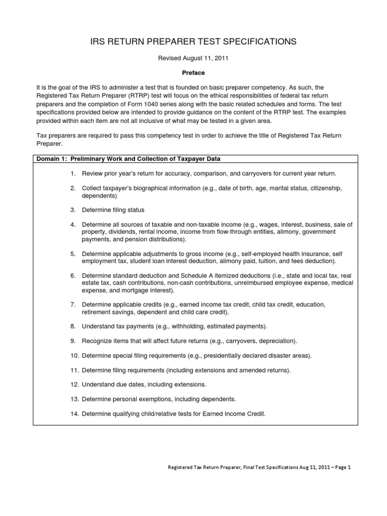Irs Return Preparer Test Specifications: Preface | PDF | Earned Income ...