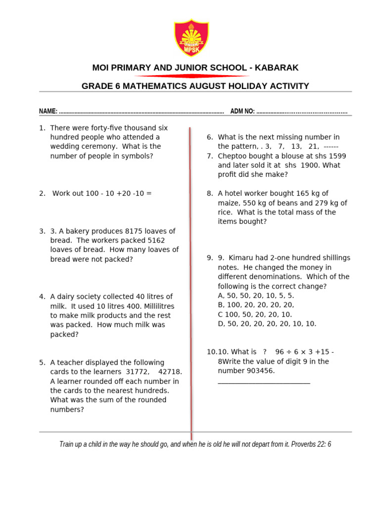 Grade 6 Mathematics August Holiday Activity-1 | PDF