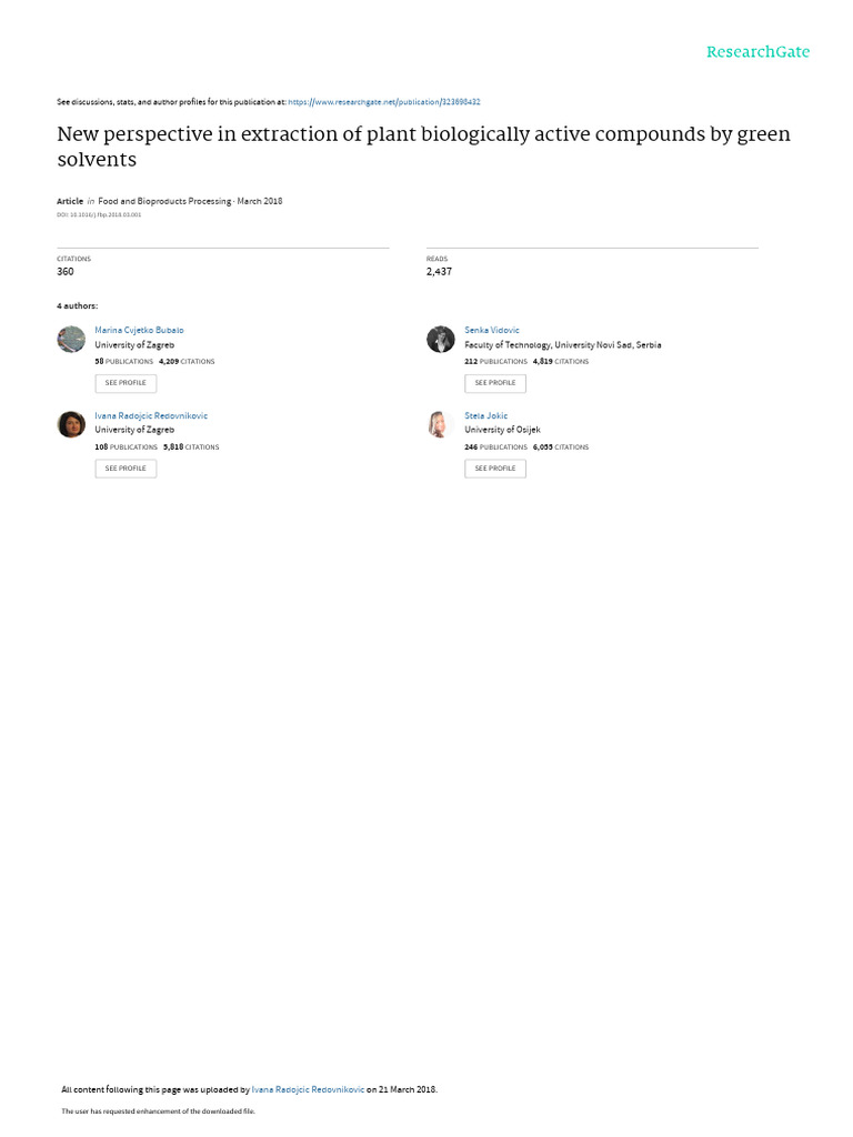 Cvjetko_Bubaloetal.Greenextraction_2018 | PDF | Supercritical Fluid | Chromatography