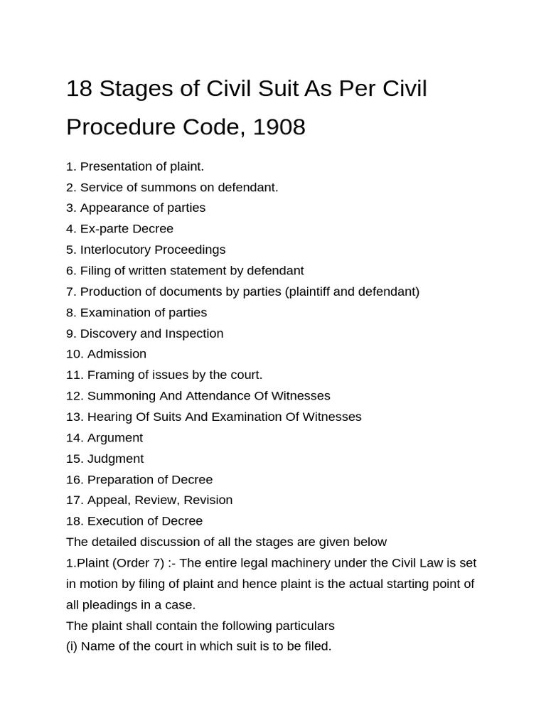 18 Stages of Civil Suit As Per Civil Procedure Code | PDF | Lawsuit | Discovery (Law)
