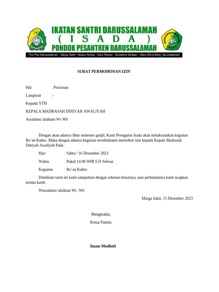 SURAT PERMOHONAN IZIN ISADA | PDF