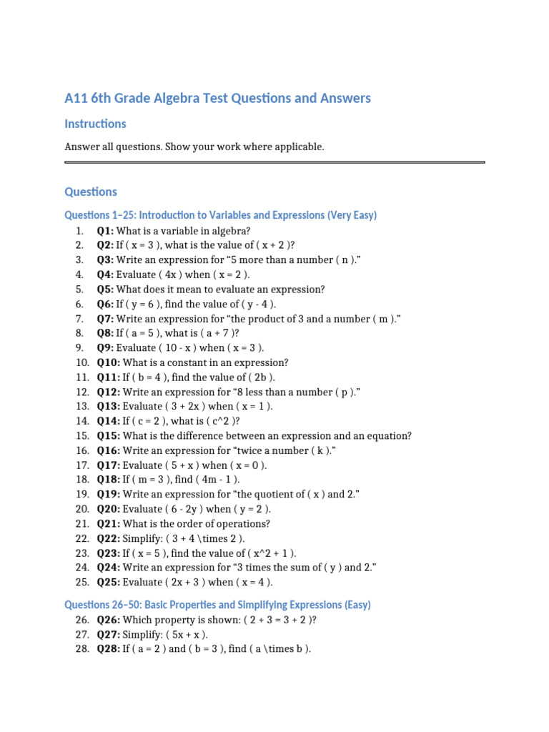 A11 6th Grade Algebra Test - 150 Questions | PDF | Elementary ...