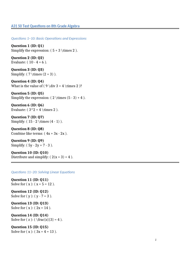 50 Algebra Test Questions for 8th Grade | PDF | Inequality (Mathematics ...