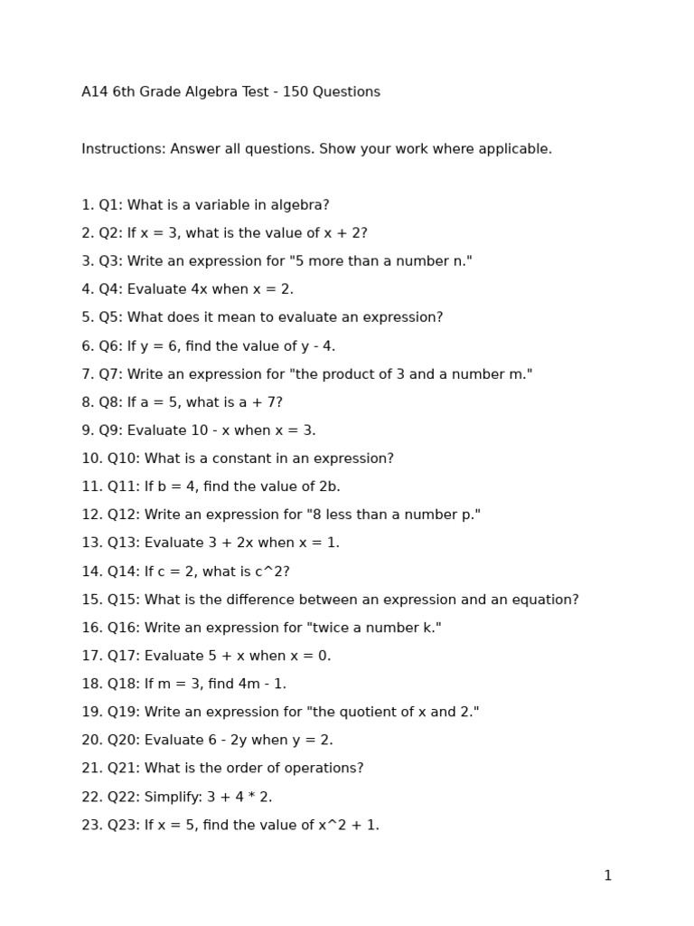 A14 6th Grade Algebra Test - 150 Questions | PDF | Inequality ...