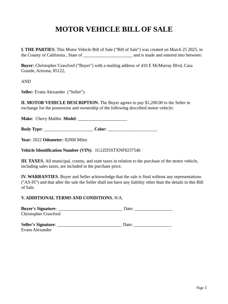 Motor Vehicle Bill of Sale Template | PDF | Notary Public | Bill Of Sale