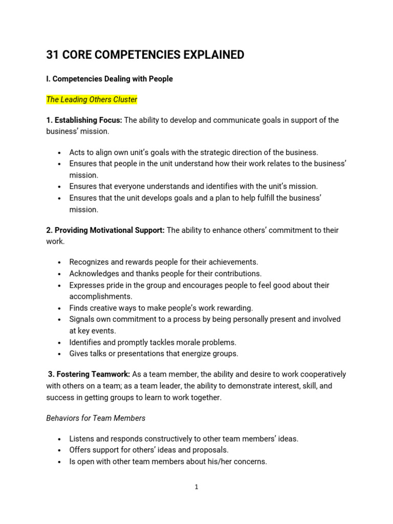 (List 1) 31 Core Competencies | PDF | Communication | Goal
