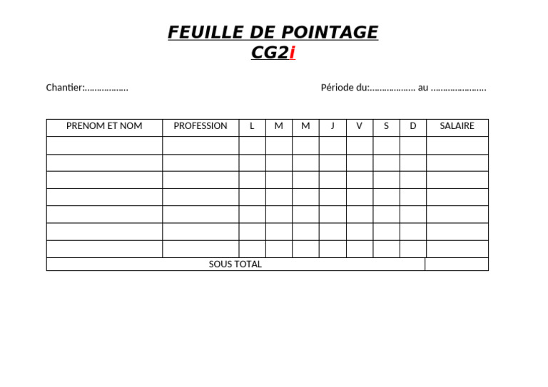 Feuille De Pointage Chantier Cg2 Pdf