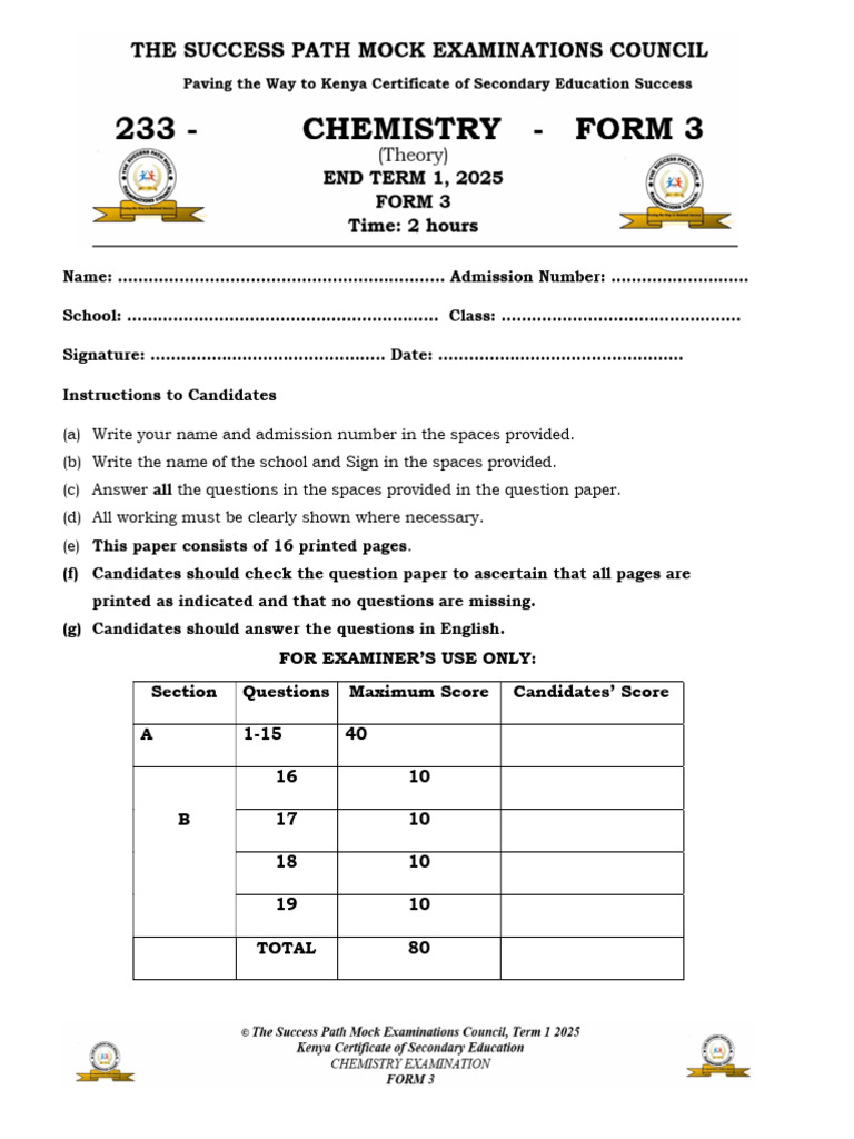Chem Form 3 Term 1 2025 Set 2 | PDF | Ammonium | Chemical Substances