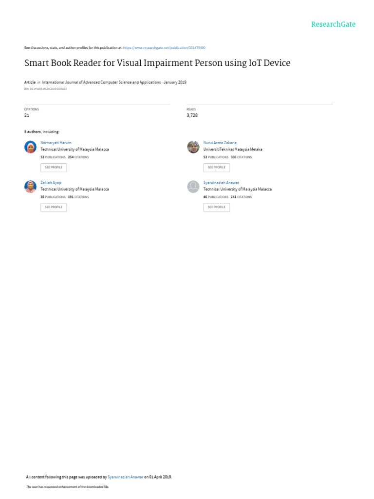 Smart Book Reader For Visual Impairment Person Usi | PDF | Internet Of Things | Visual Impairment