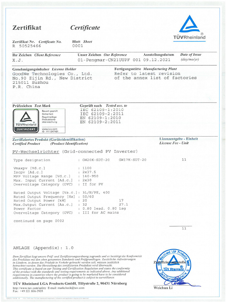 GW - SDT G2 PLUS+ 8-20K - Certificate-IEC62109 | PDF