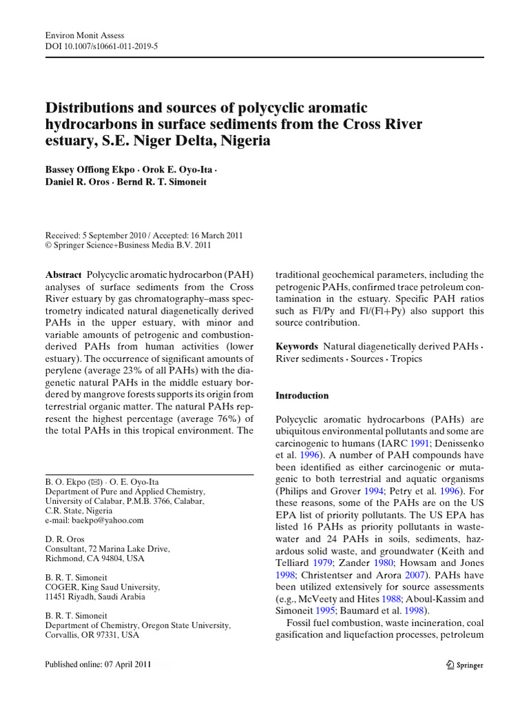 Distributions and Sources of PAHs in Surface Sediments From The Cross ...