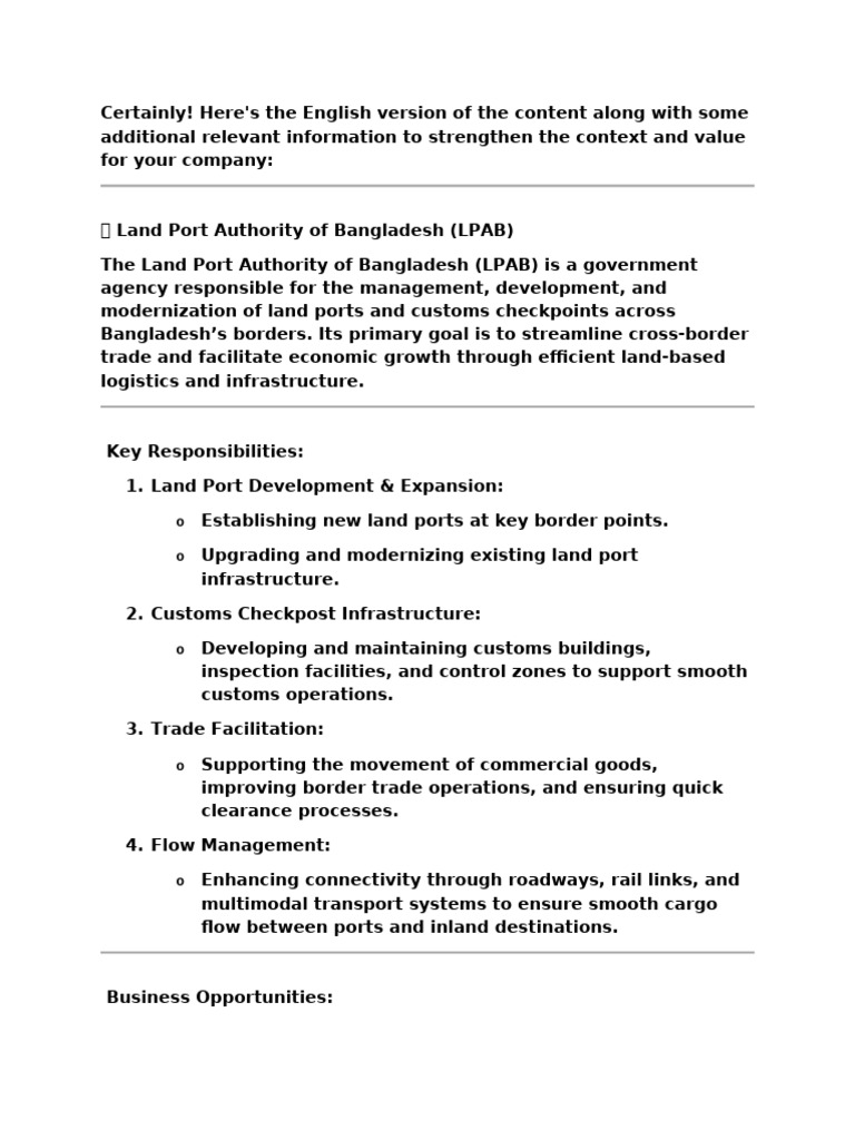 ? Land Port Authority of Bangladesh (LPAB) | PDF | Port | Infrastructure