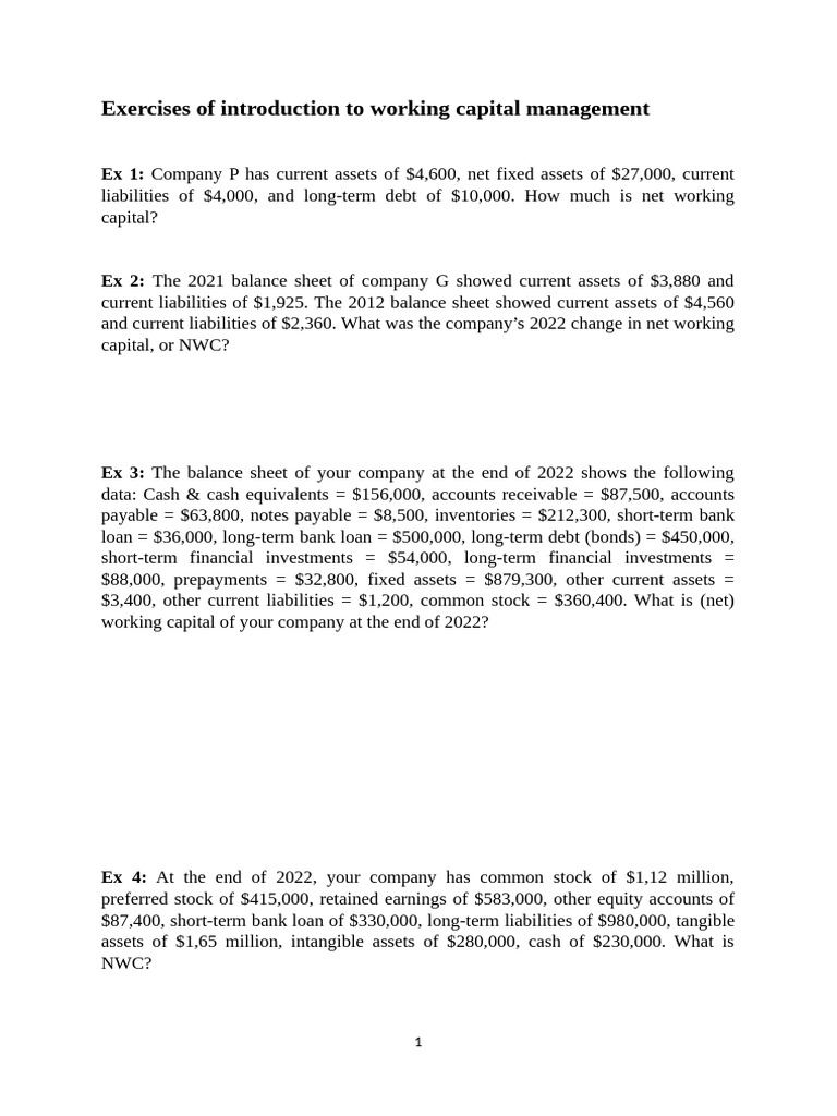 Exercises of Introduction To Working Capital Management | PDF | Balance ...