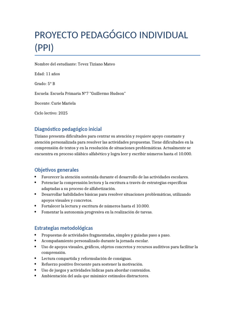 Proyecto Pedagógico Individual (PPI) | PDF