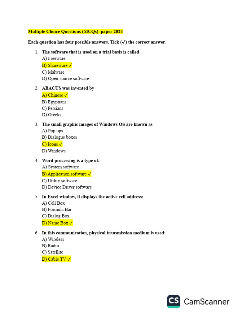 All Past Paper Solve and Correct MCQ | PDF | Computer Network | Duplex (Telecommunications)