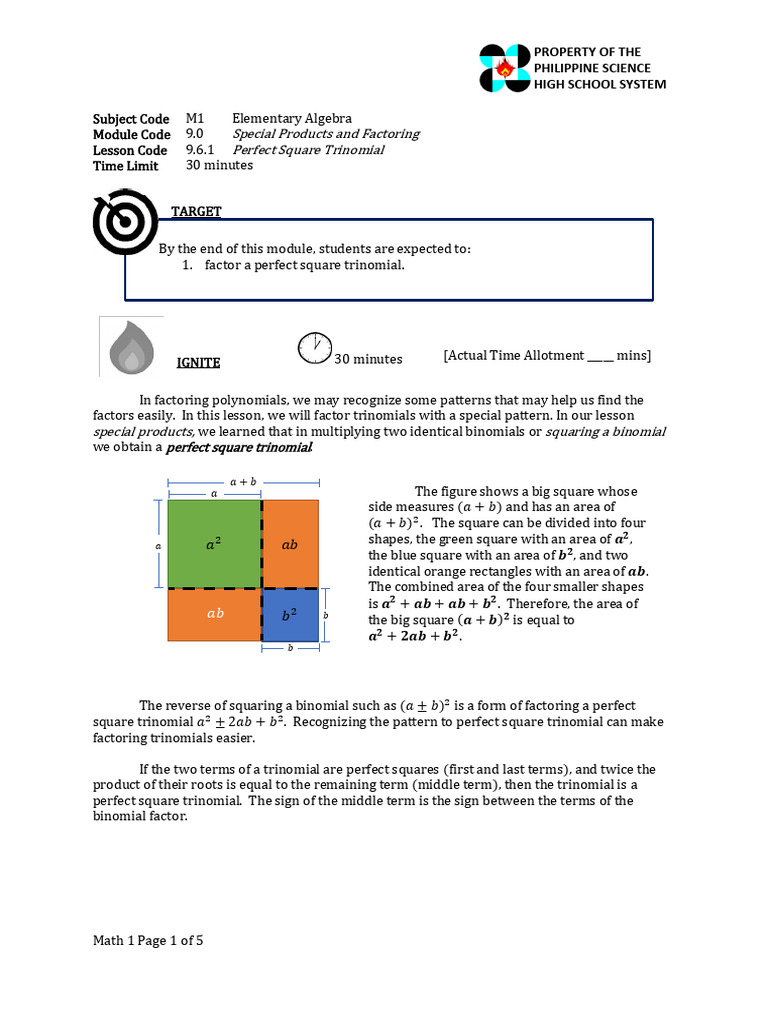 Factoring Perfect Square Trinomials | PDF | Factorization | Area
