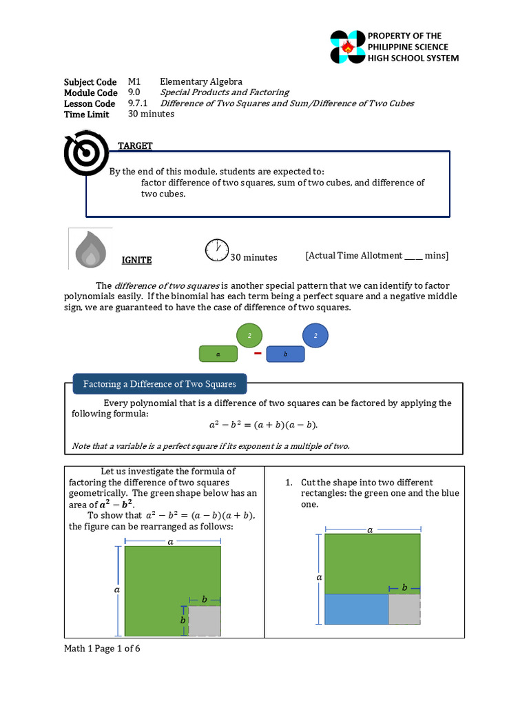 SLG Module 9.7.1 Difference of Two Squares and Sum - Difference of Two Cubes (Manaloto, Llanura ...