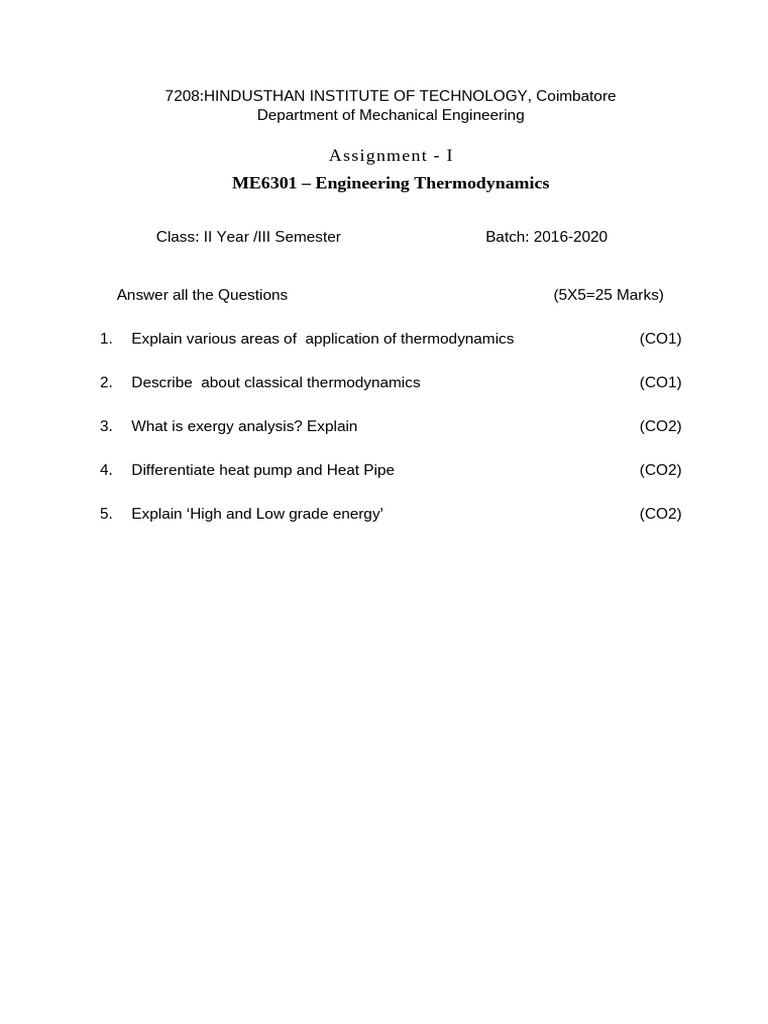 Engineering Thermodynamics Assignment Guide | PDF