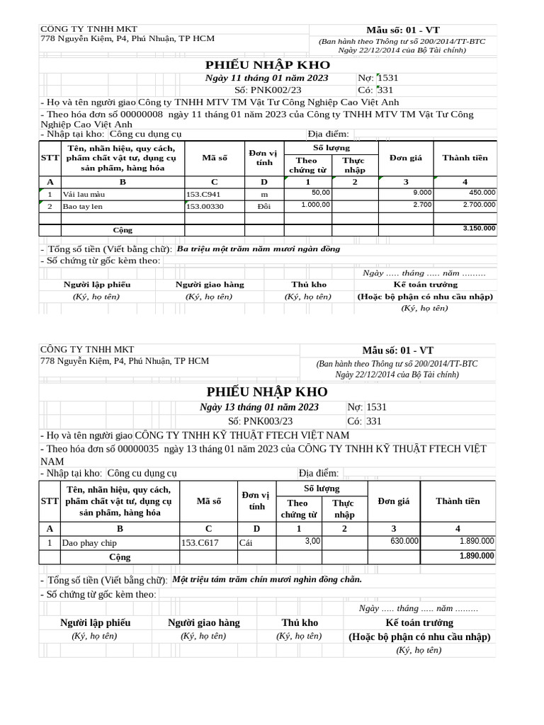 Phieu Nhap Kho | PDF