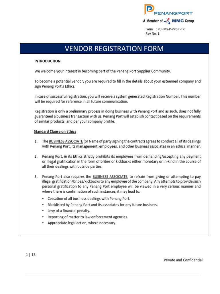 Penang Port Vendor Registration Form | PDF | Bribery | Crane (Machine)